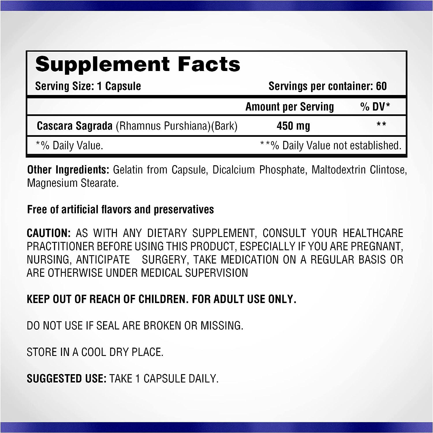 60 Cascara Sagrada Capsules 450mg by Natural Systems - Vegan, Non-GMO ...