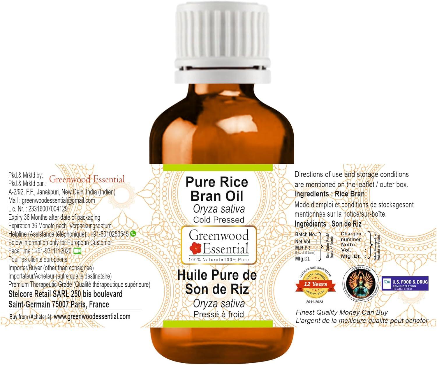 Greenwood Essential Pure Rice Bran Oil 50ml - Cold Pressed Therapeutic ...