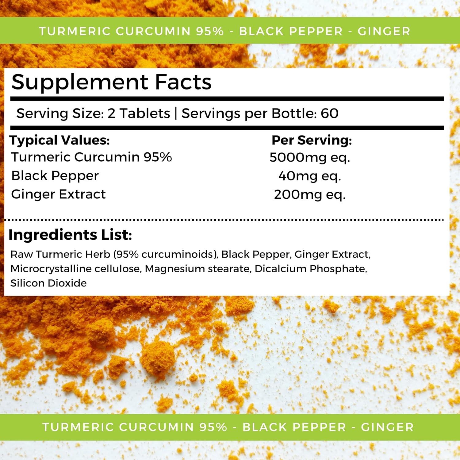 Turmeric Tablets 5000mg with Black Pepper & Ginger | 120 High Strength ...