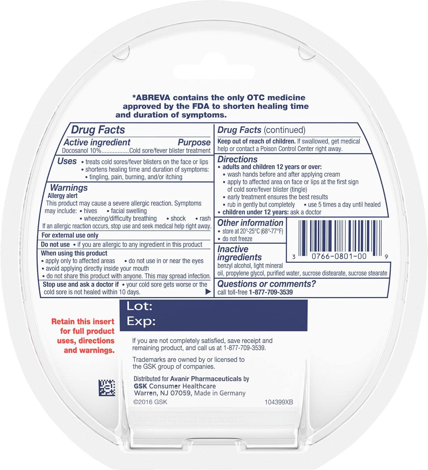 Abreva Cold Sore Treatment Cream - Medium Size 0.07 oz | Buy Now with ...