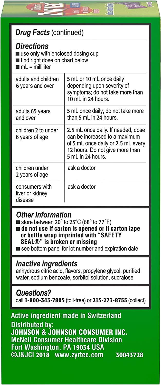 Zyrtec Children's Allergy Syrup - 24 Hour Relief - Cetirizine HCl ...