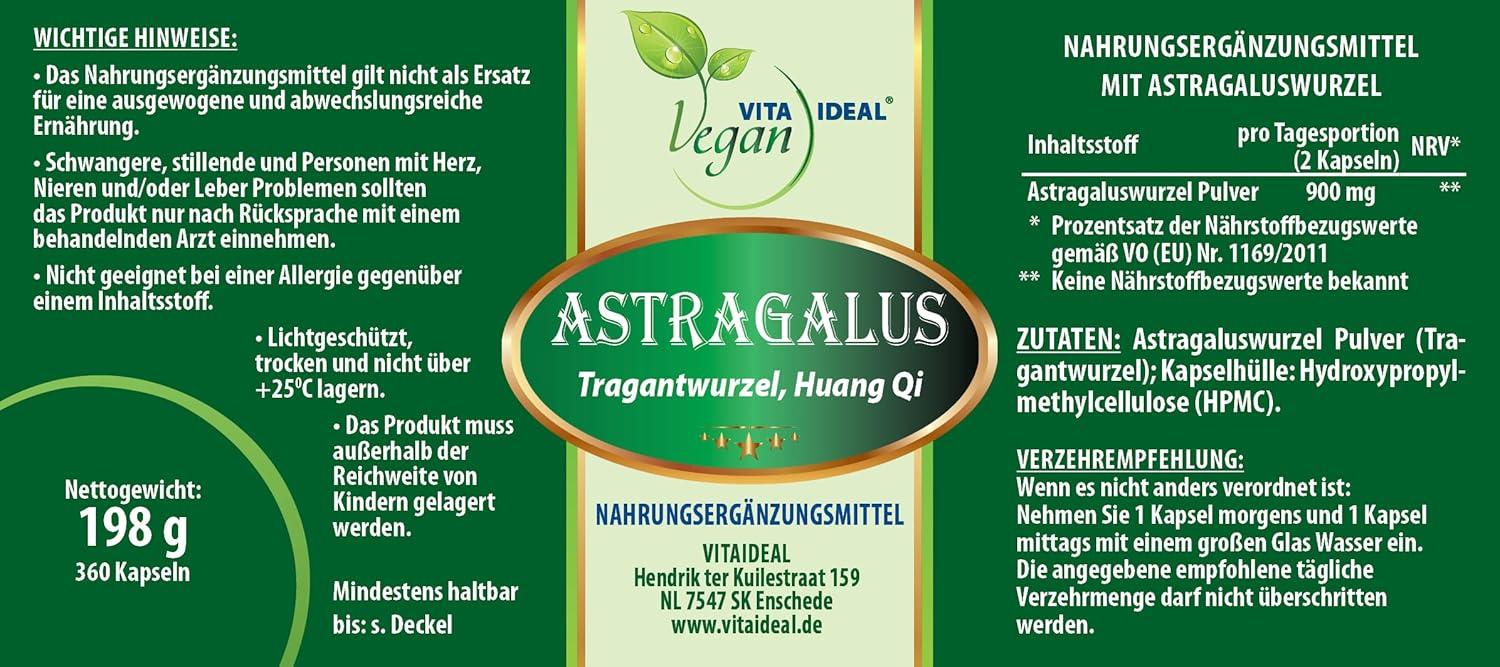 Vita Ideal Vegan Astragalus Root 900mg - 2x360 Capsules | Pure Natural ...
