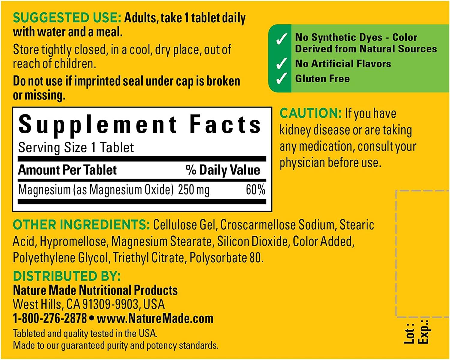 Nature Made Magnesium Oxide 250 mg Tablets - 100 Count | Nutritional ...