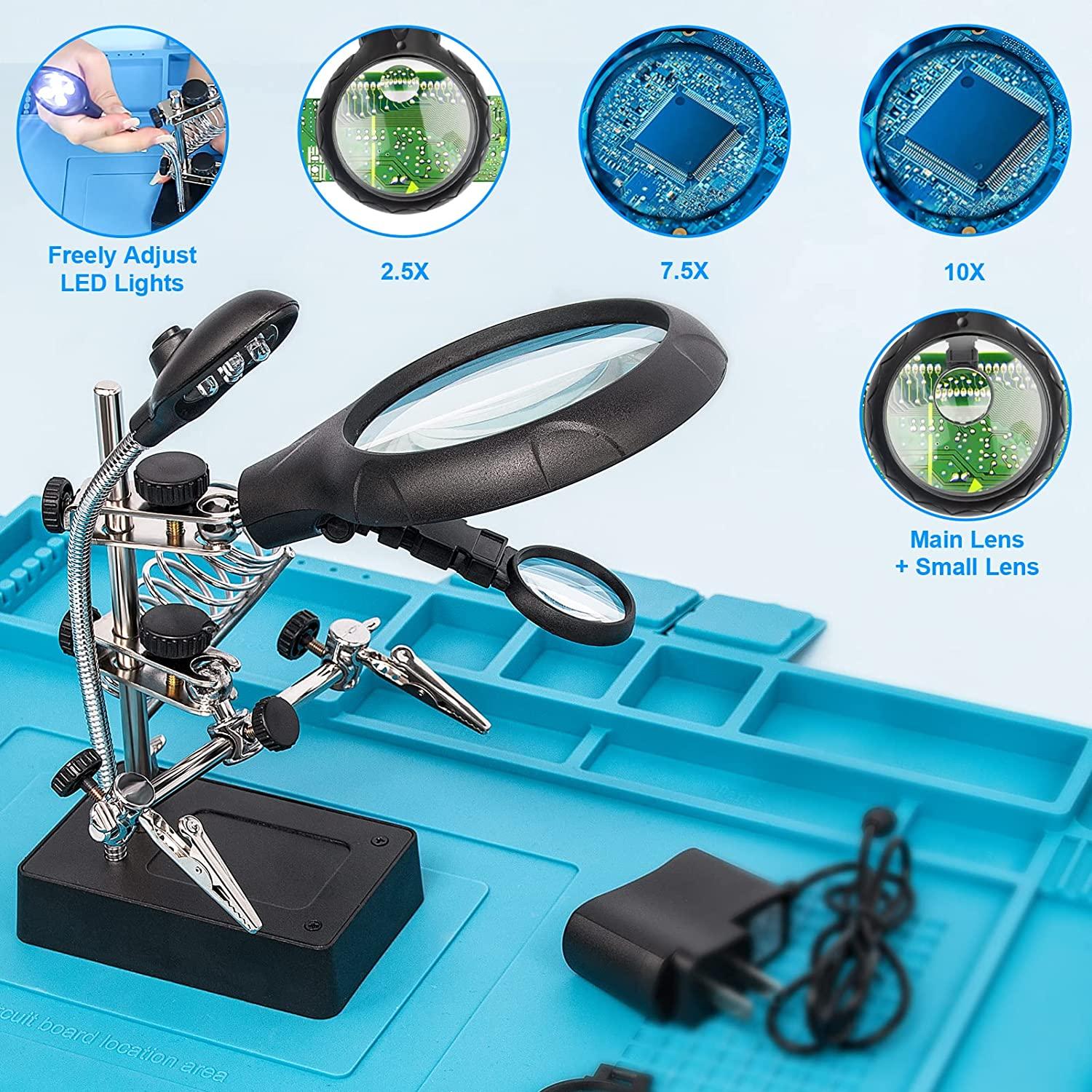 AORAEM LED Light Helping Hands Magnifier Station with 2.5X 7.5X 10X ...