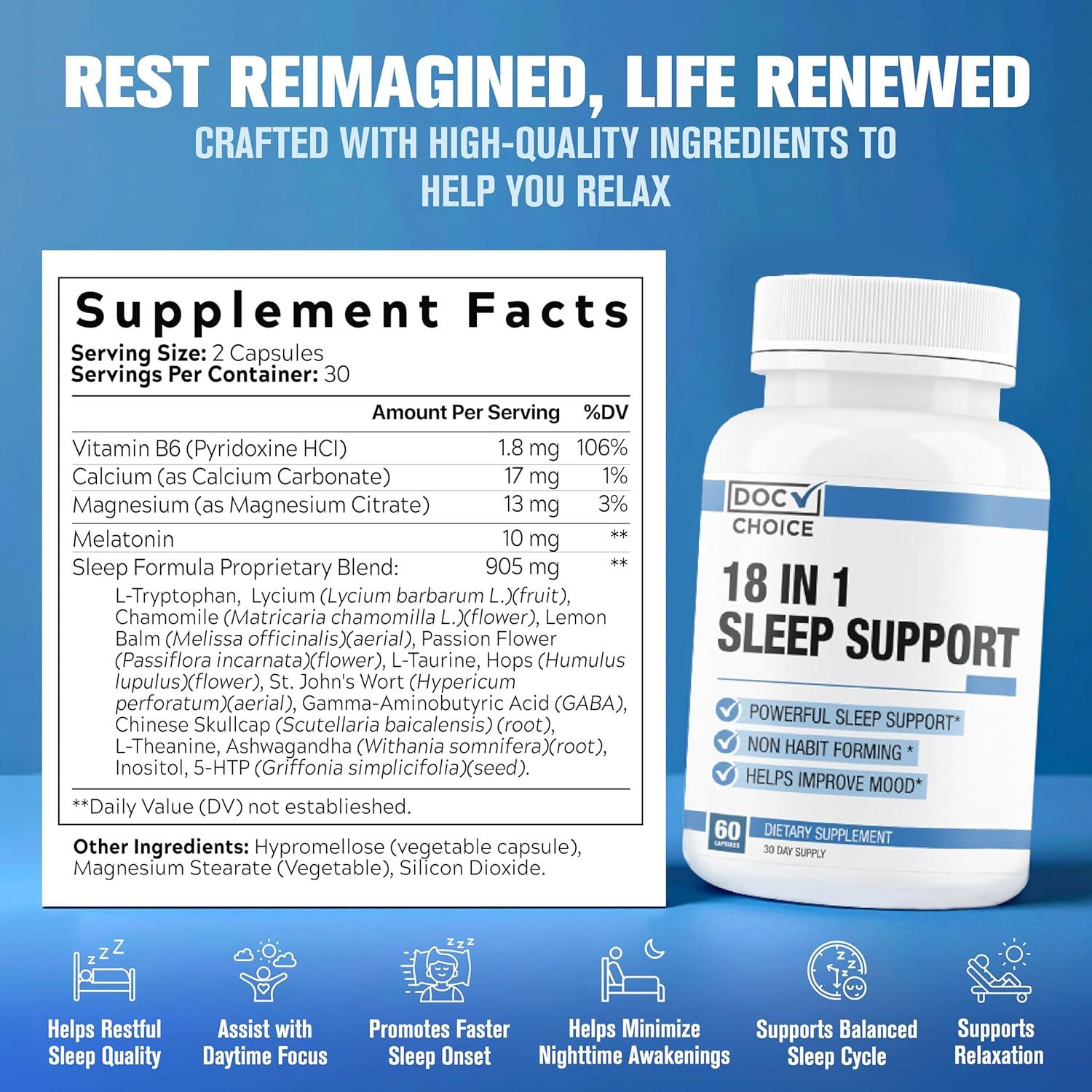 Doc Choice - 18 in 1 Sleep Support New for Adults Total Formula | Mood ...