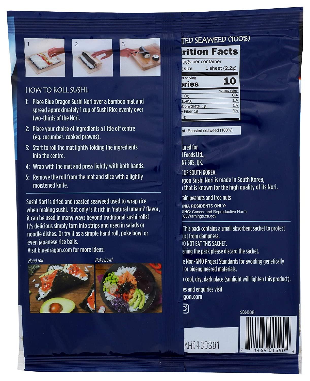 Blue Dragon Sushi Nori 10 Full Sheets - 0.77 Oz | Roasted Seaweed ...