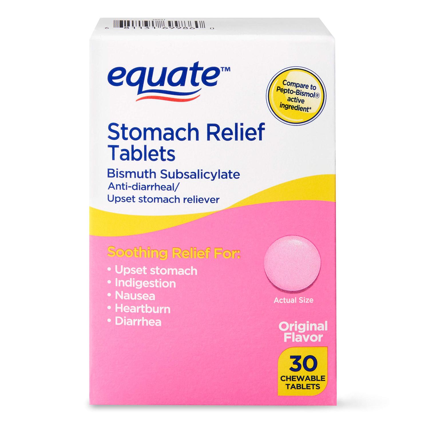 Equate - Stomach Relief Pink Bismuth Subsalicylate 30 Chewable Tablets (2)