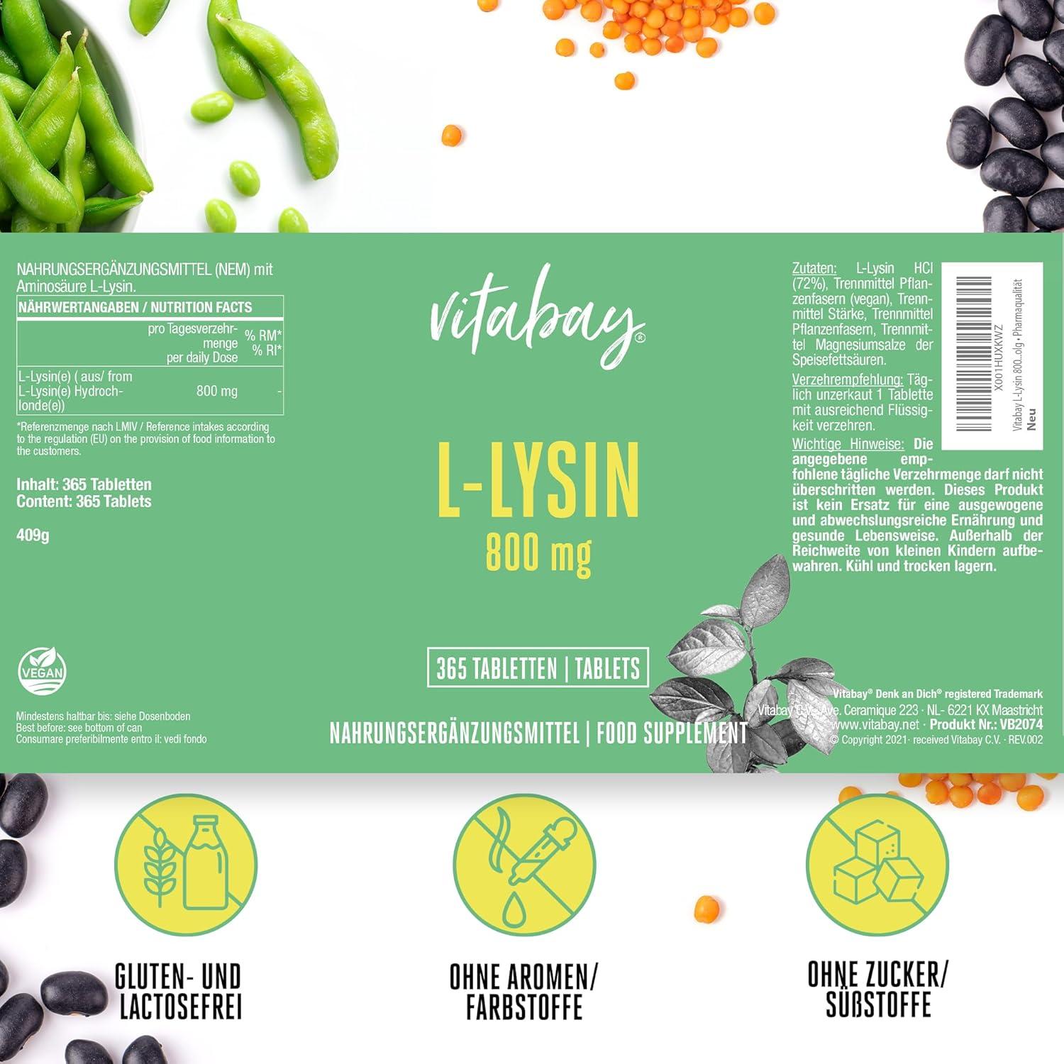 VITABAY L-Lysin 800mg - 365 Tablets | Essential Amino Acid | High Bio-Availability & Quality ...