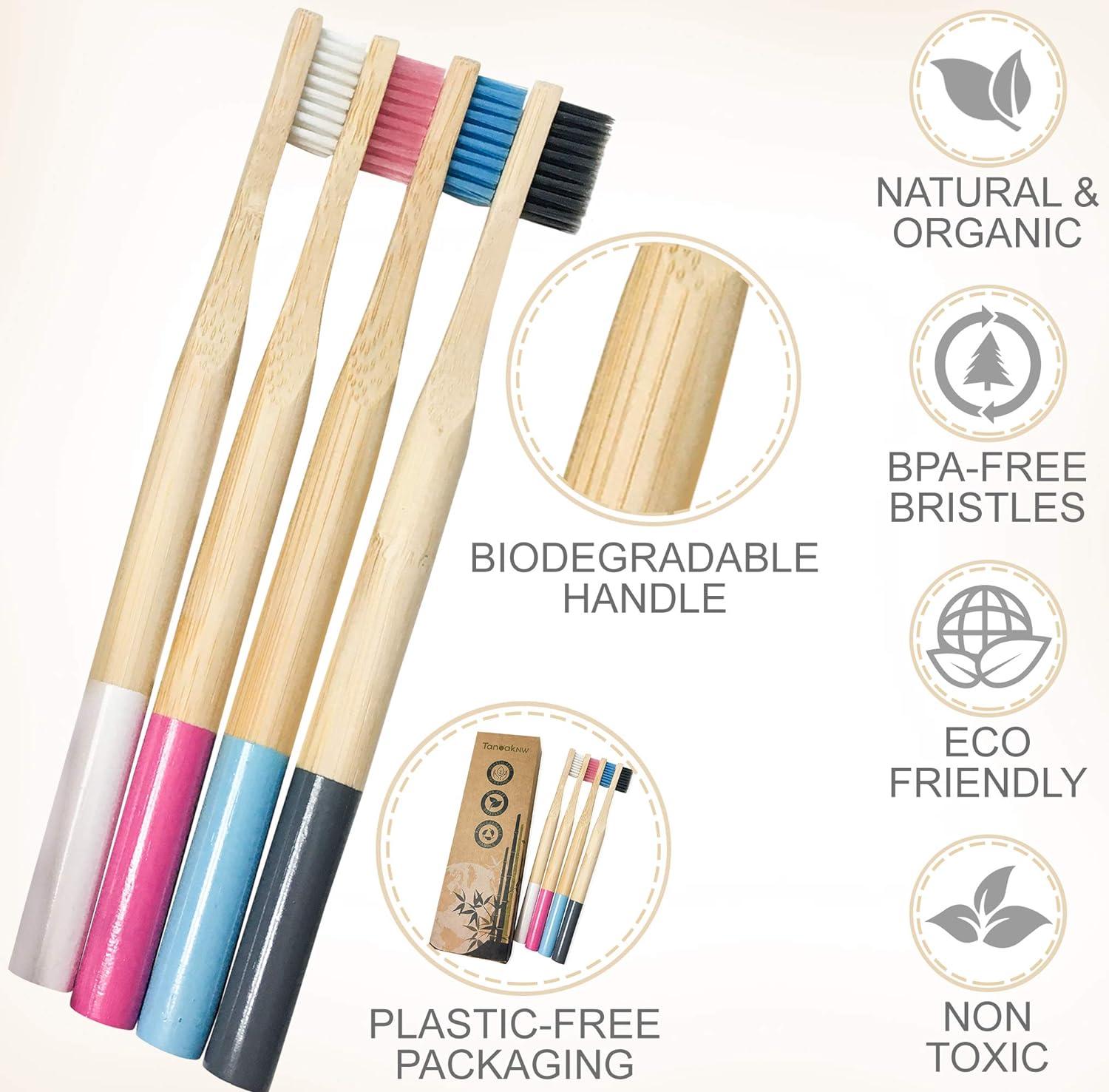 Bamboo Toothbrush Eco-Friendly Pack of 4 | Biodegradable Handle with ...