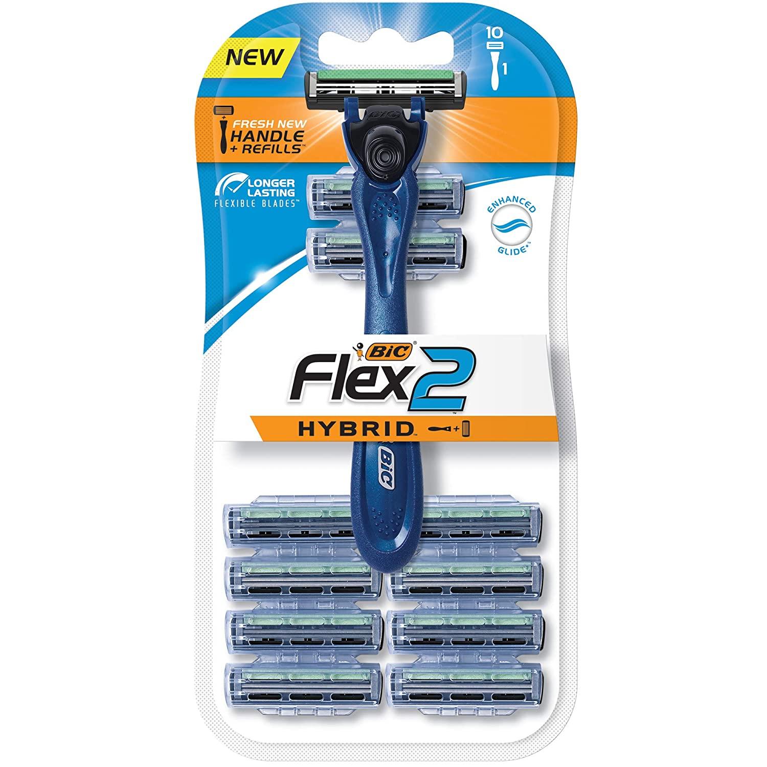 BIC Flex 2 Hybrid Men's Twin Blade Razor Set - 1 Handle, 10 Cartridges ...