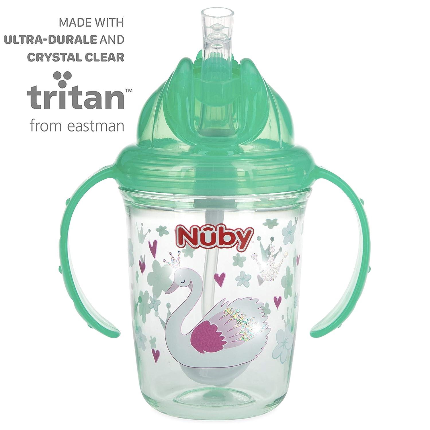 Nuby No Spill Flip N Sip 2 Handle Tritan 360 Weighted Straw Glitter Print - 8oz/ 240 Ml/ 12 M+ ...