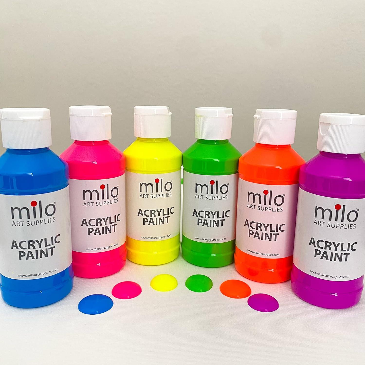 Milo Fluorescent Acrylic Paint Set - 6 Neon Colors | 4 oz Bottles ...