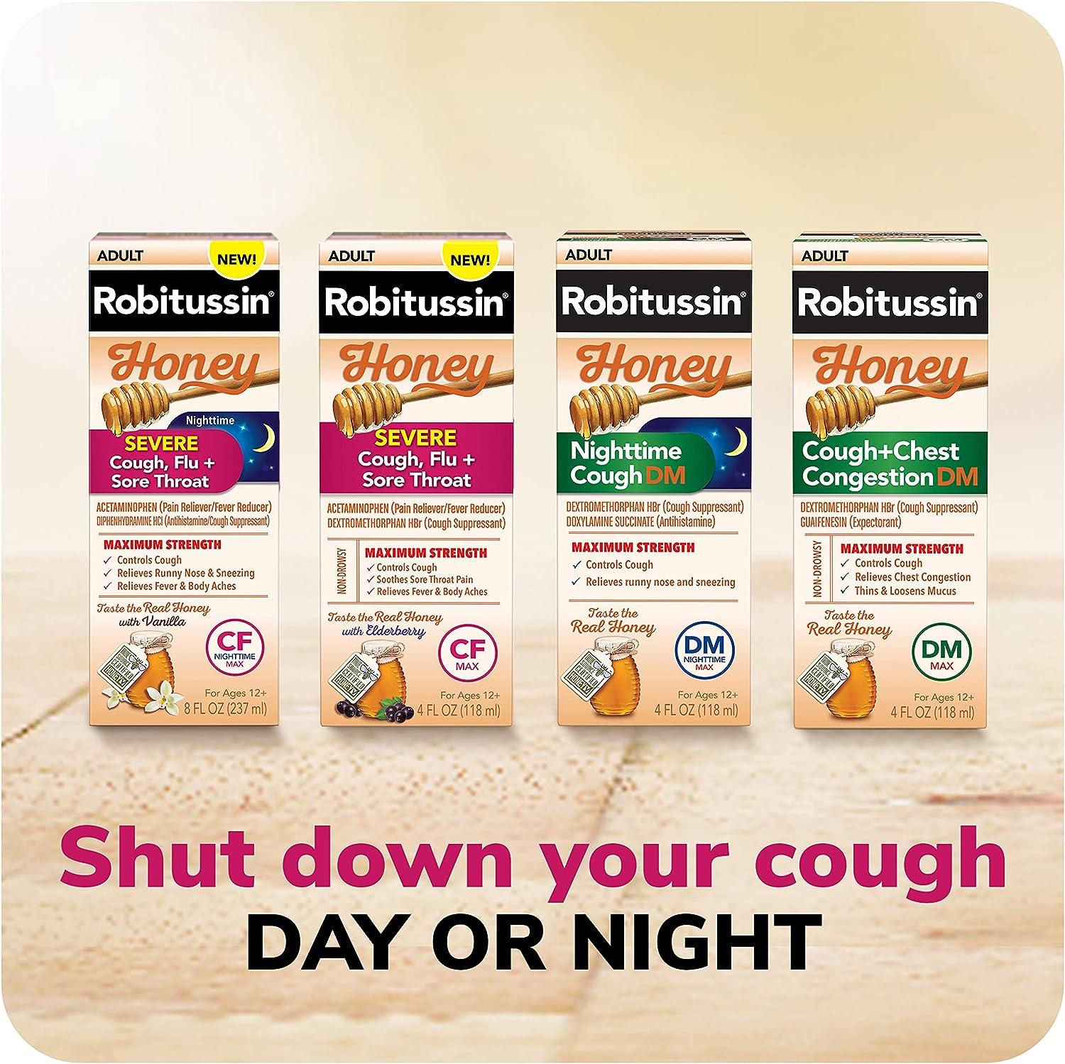 Robitussin Honey Severe Cough Flu & Sore Throat Nighttime Max Syrup ...