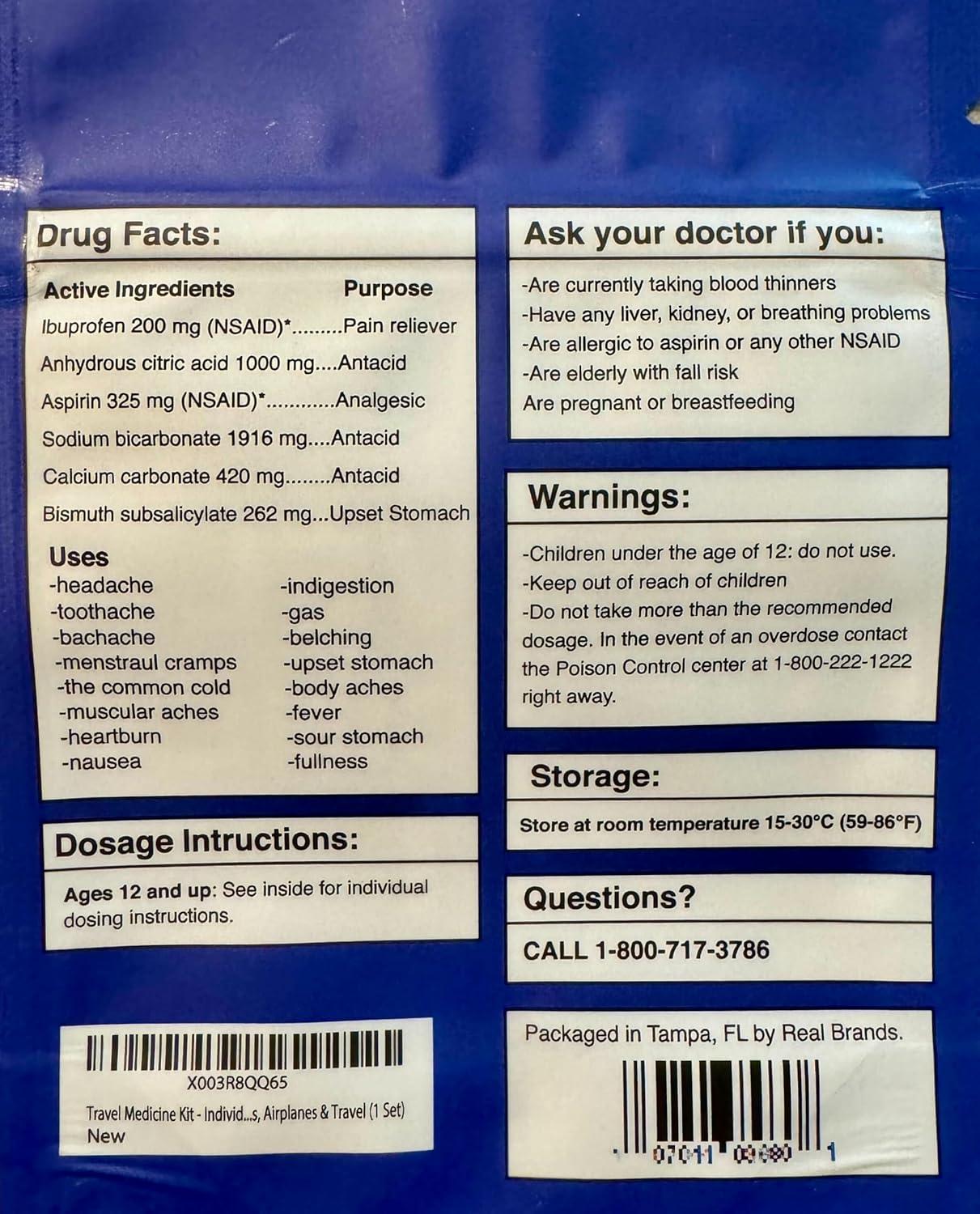 Travel Medicine Kit - 16 TSA-Approved Packets | Ibuprofen Bismol ...
