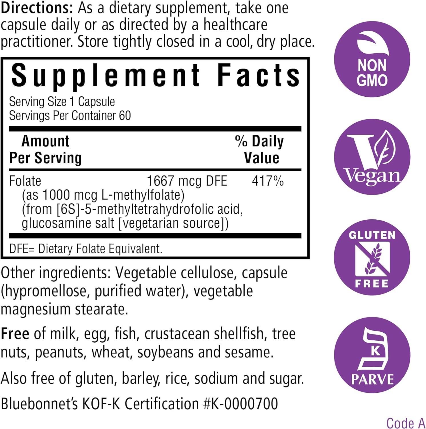 Bluebonnet Methylfolate 1000 mcg with Quatrefolic - Energy, Mood ...