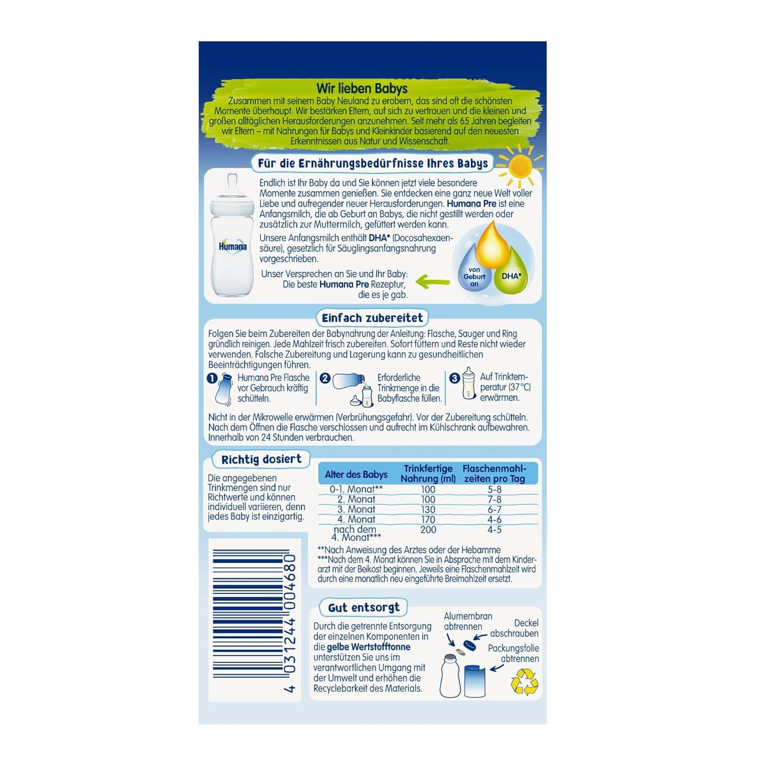 Humana Ready-to-Drink Infant Milk DHA Fortified Lactose Only Suitable ...