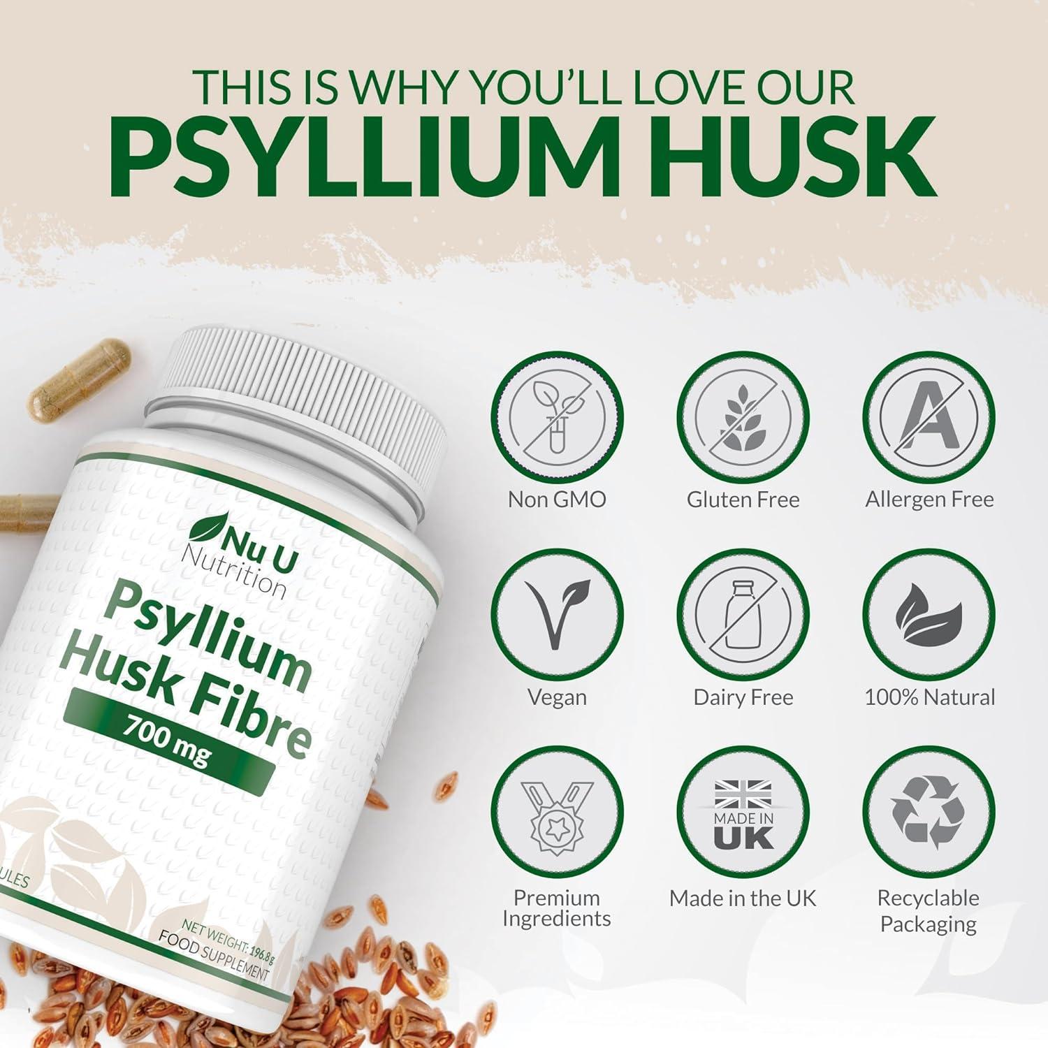 Psyllium Husk Fibre Supplement 1400mg - 240 Vegan Capsules - Prebiotic ...