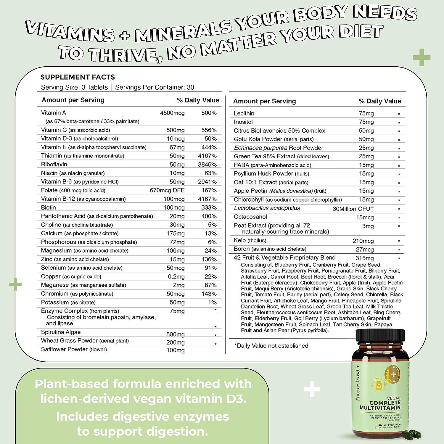 Future Kind Vegan Multivitamins Complete (90tabs) - 42-in-1 Formula for ...