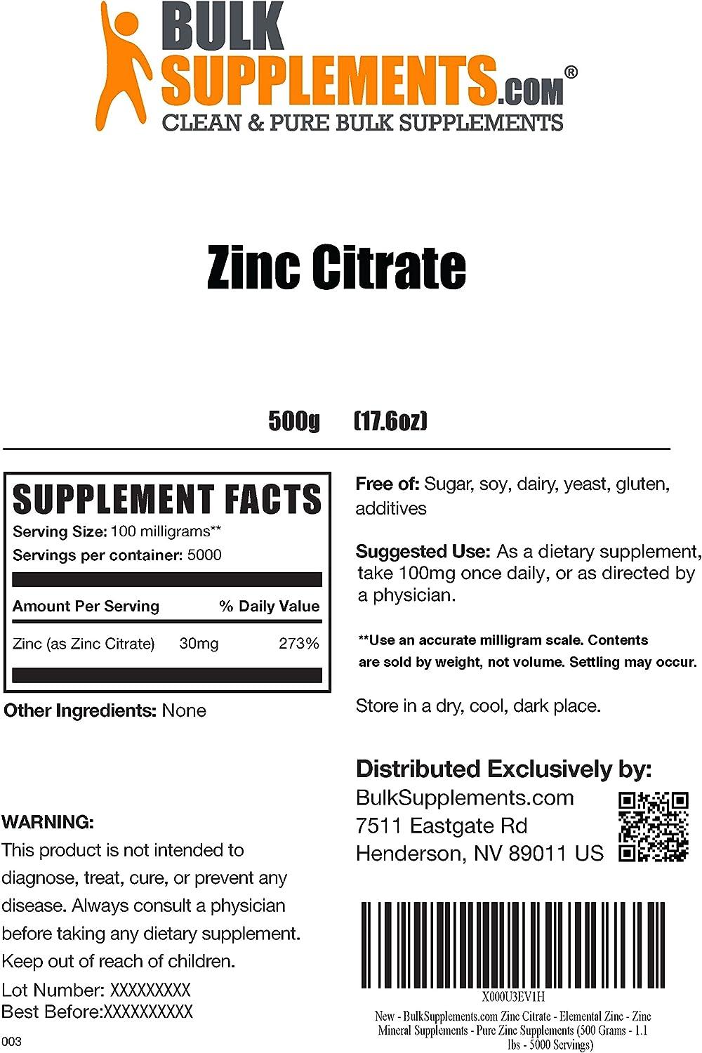 Zinc Citrate Powder - 30mg Zinc Supplement - Pure Zinc Citrate for ...
