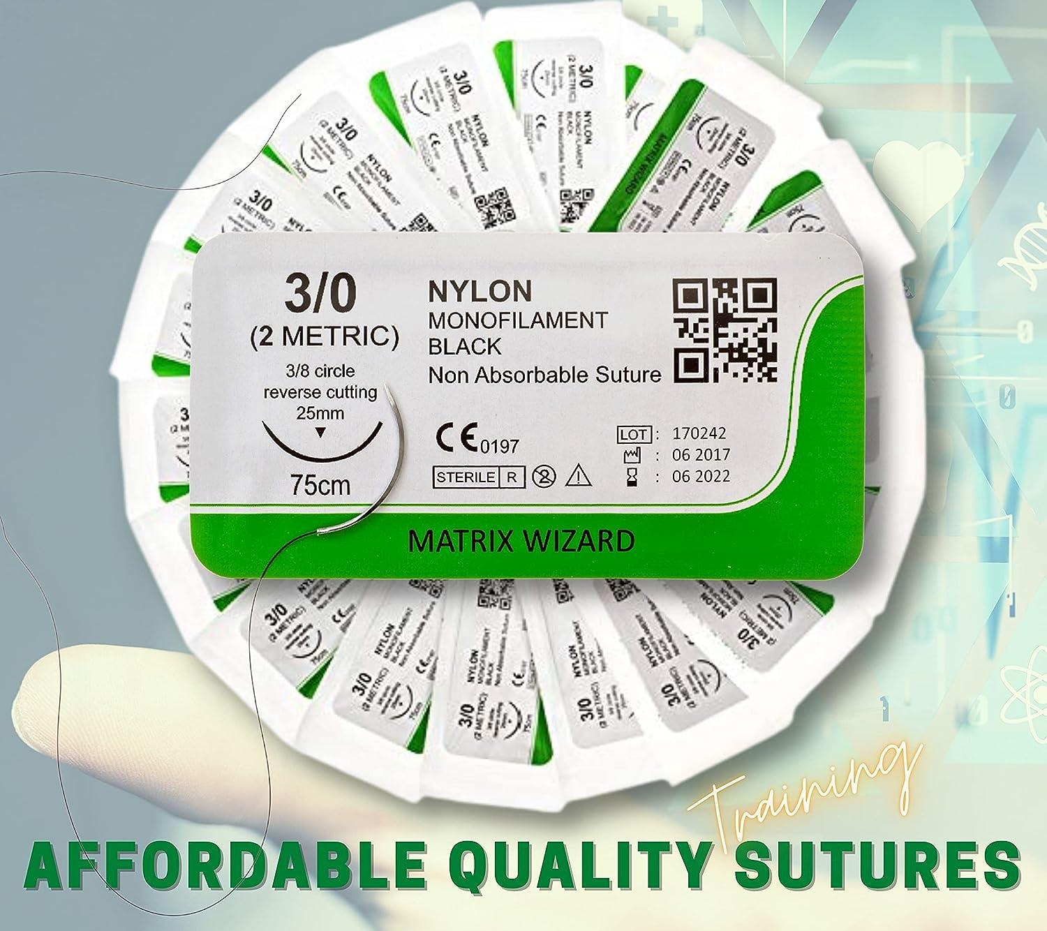 3-0 Sterile Black Monofilament Sutures Thread with Needle - Surgical Practice Suture Kit for ...