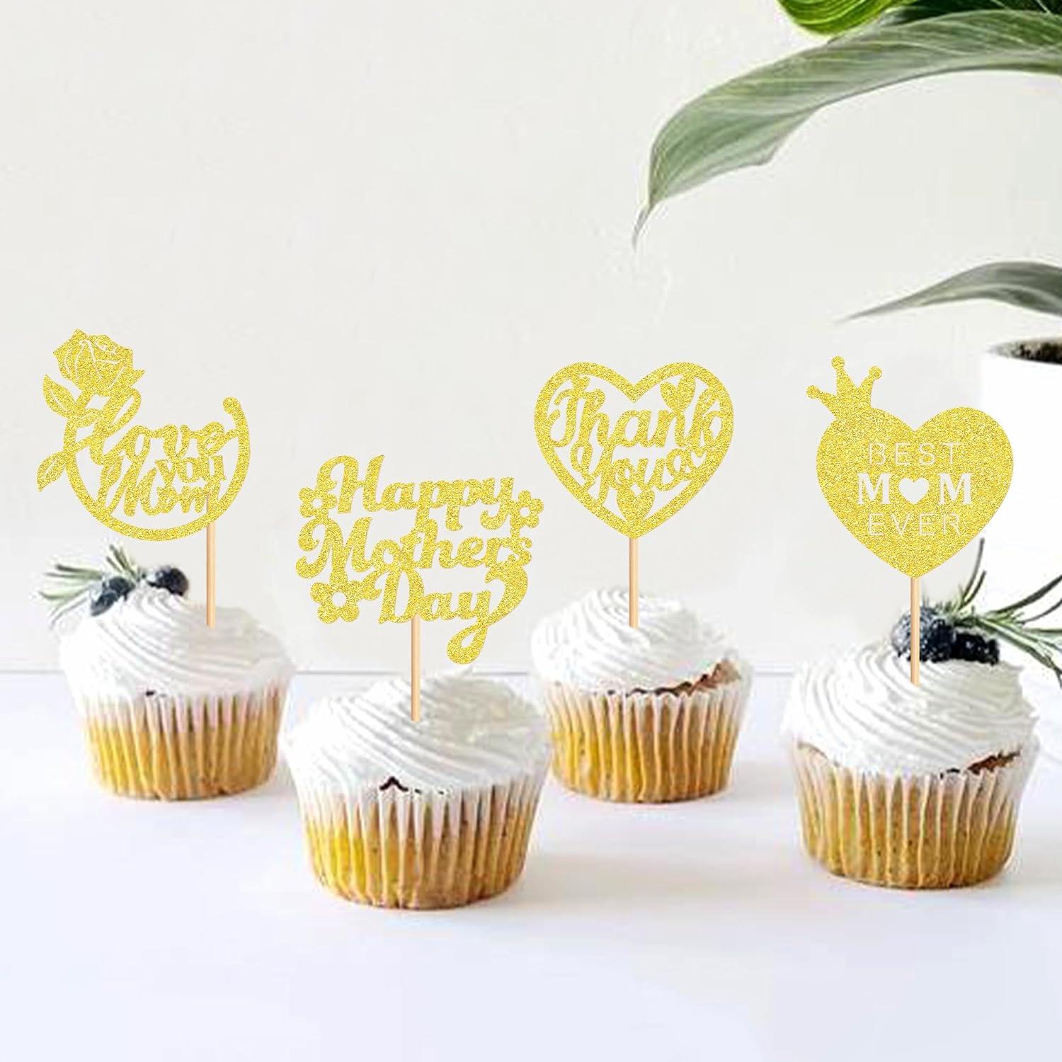 Cyodoos 24 Pcs Happy Mothers Day Cupcake Toppers Glitter Cake Toppers ...