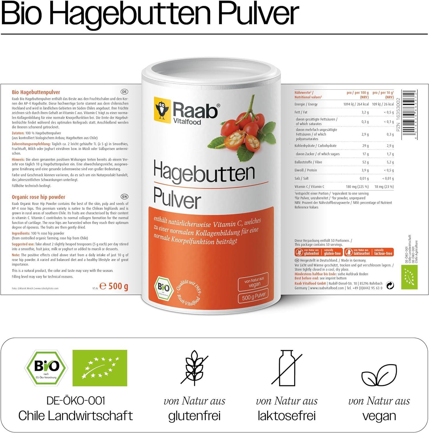 Raab Vitalfood Bio HageButten Powder - Omega 3 & 6 Fatty Acids Natural ...