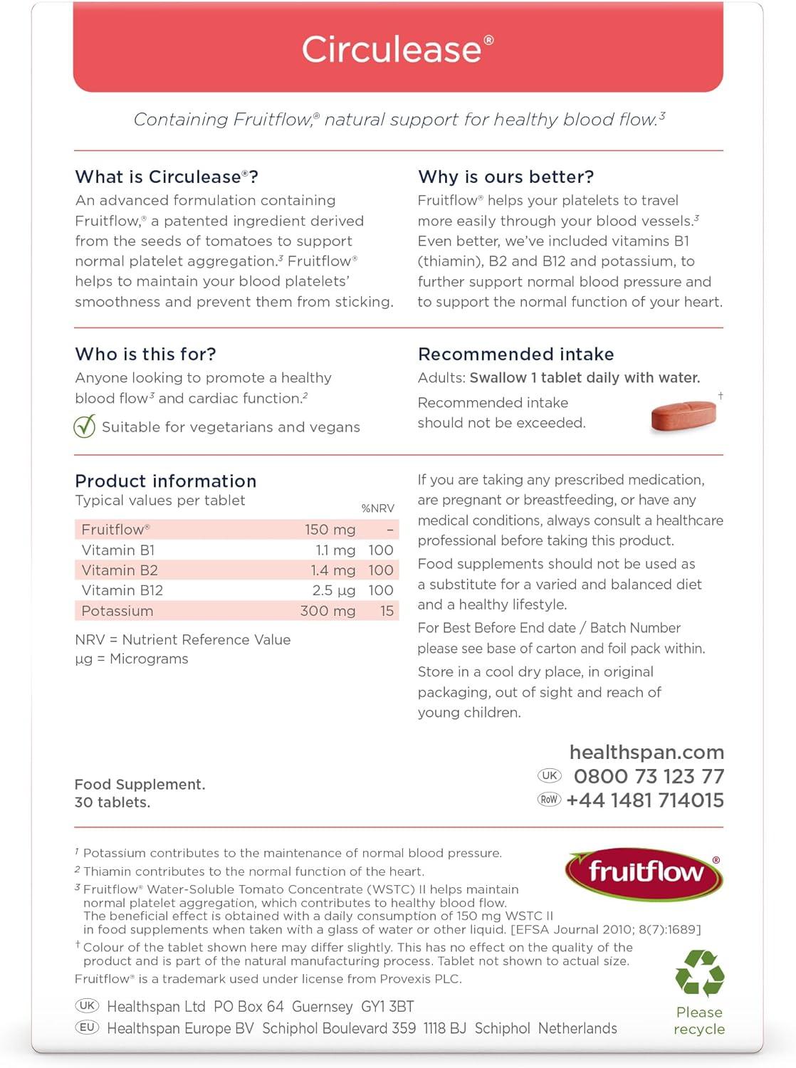 Healthspan Circulease with 150mg of Fruitflow (1 month supply ...