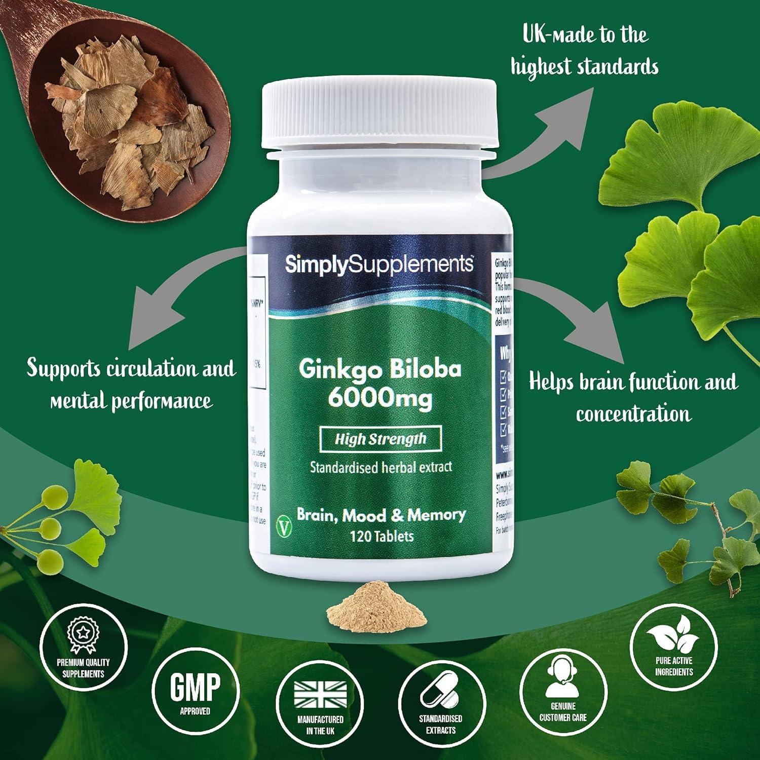 Ginkgo Biloba 6000mg | 120 Tablets | Vegan & Vegetarian Friendly | Made ...