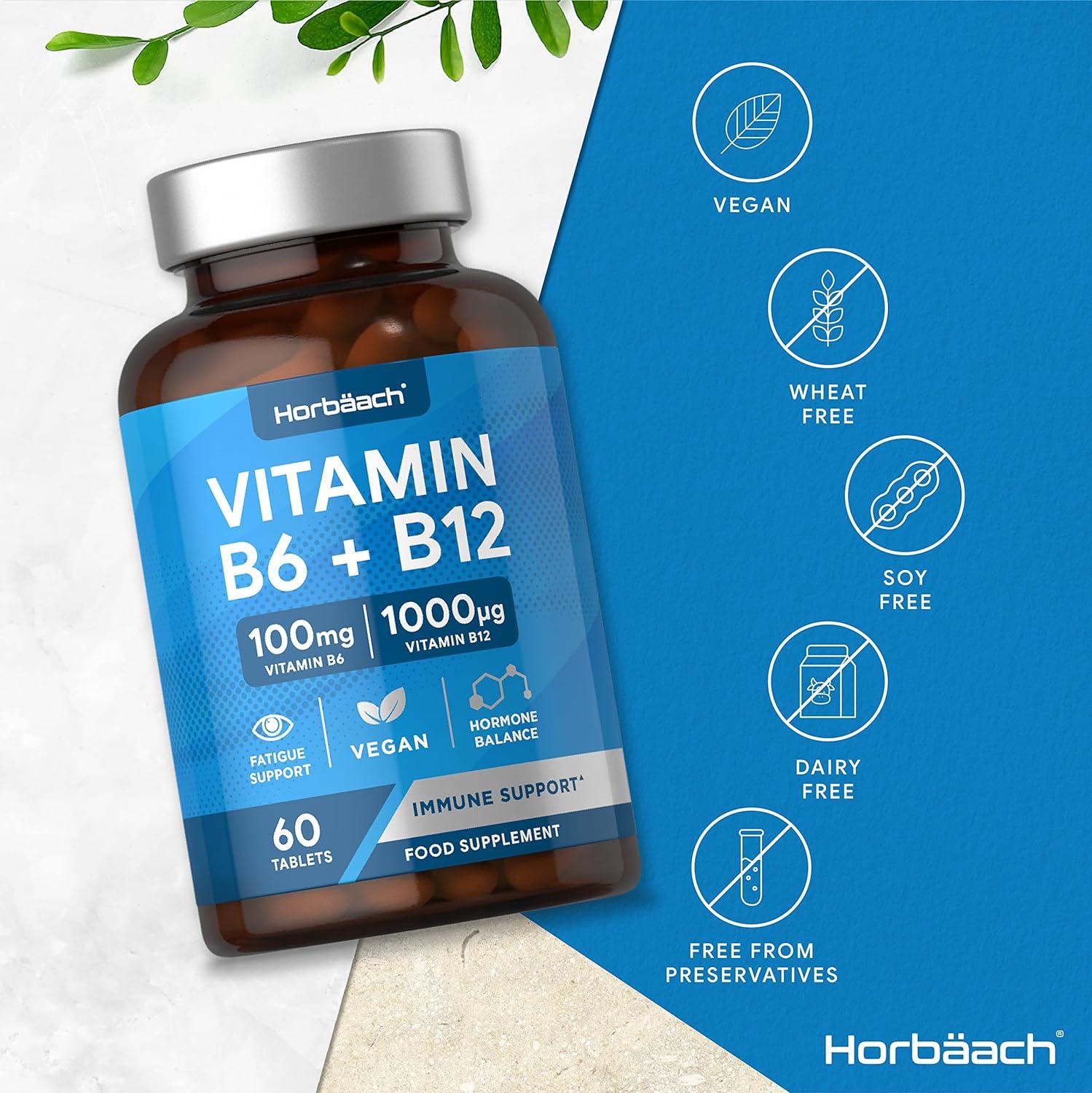 Vitamin B6 100mg & B12 1000mcg | 60 Vegan Tablets | High Strength B Complex for Hormone Balance ...