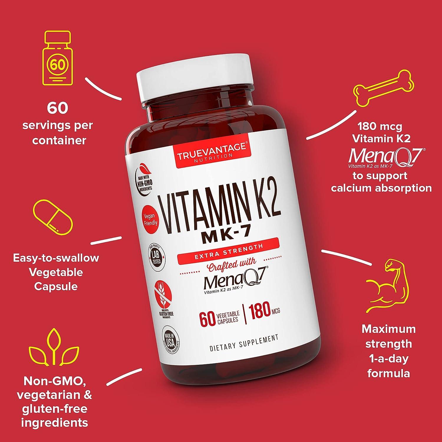 Vitamin K2 MK-7 180mcg Supplement - Promotes Bone & Heart Health - 60 ...