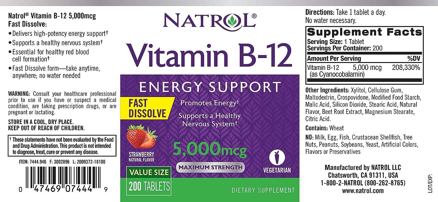 Natrol Vitamin B12 5000mcg Fast Dissolve Tablets 200 Count - Promotes ...