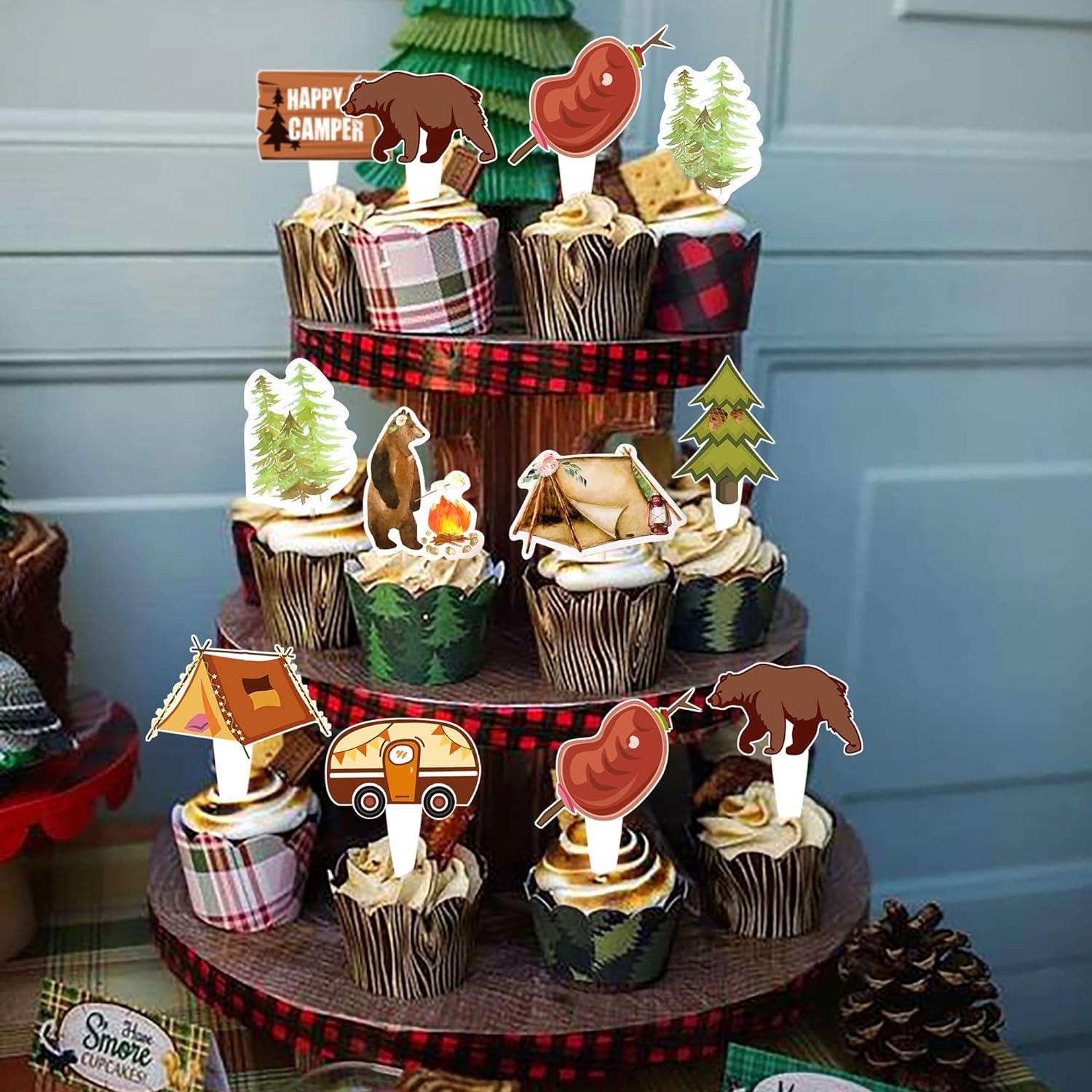 LaVenty 25 PCS One Happy Camper Cake Topper Camping Party Cupcake ...
