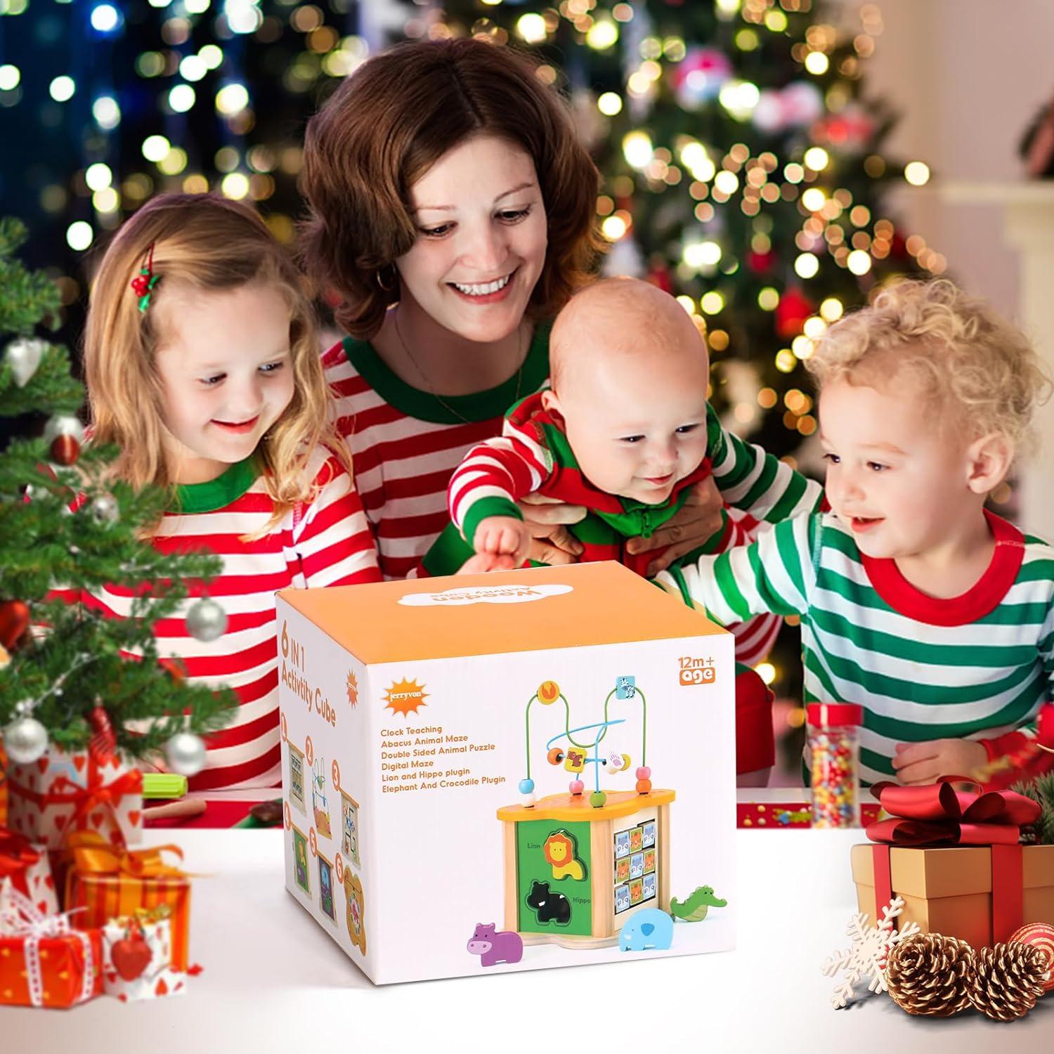 Jerryvon 6-in-1 Motoric Cube Wooden Toys for Toddlers - Educational ...