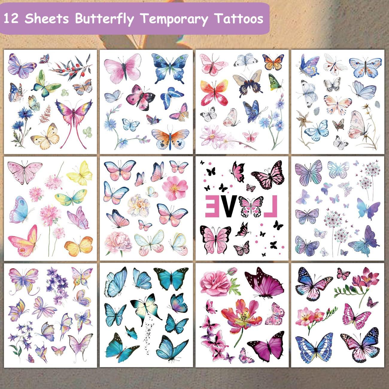CHARLENT Butterfly Temporary Tattoos - 12 Sheets Realistic 3D Designs ...