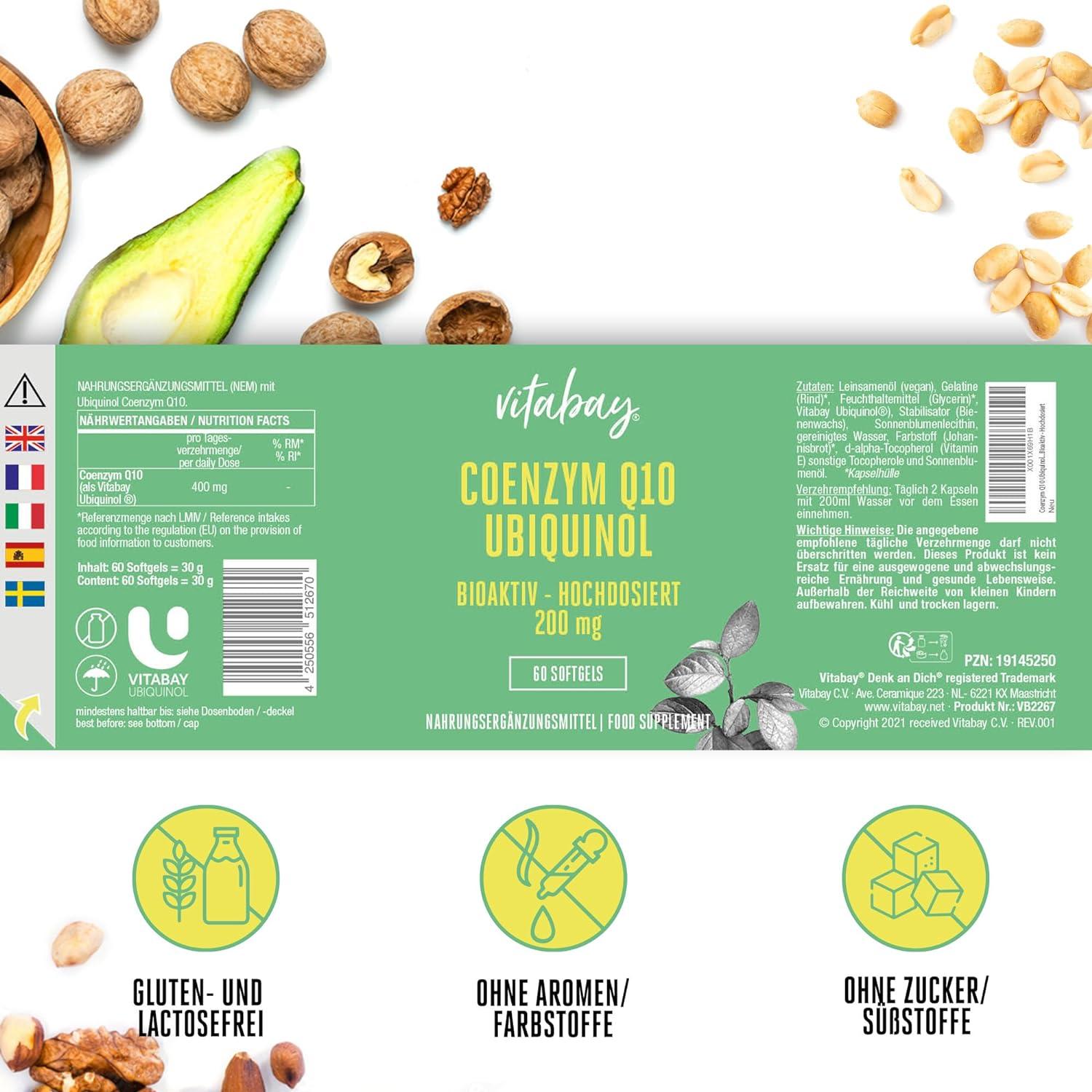 VITABAY Coenzyme Q10 Ubiquinol 200mg Capsules - High Dose Antioxidant - 60 Capsules for Energy ...