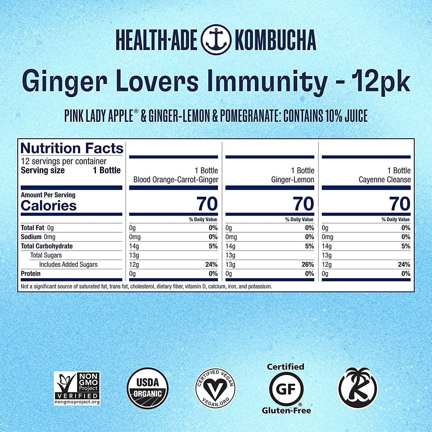 Health-Ade Organic Kombucha Tea 12 Pack - Ginger Immunity - Vegan, Non ...