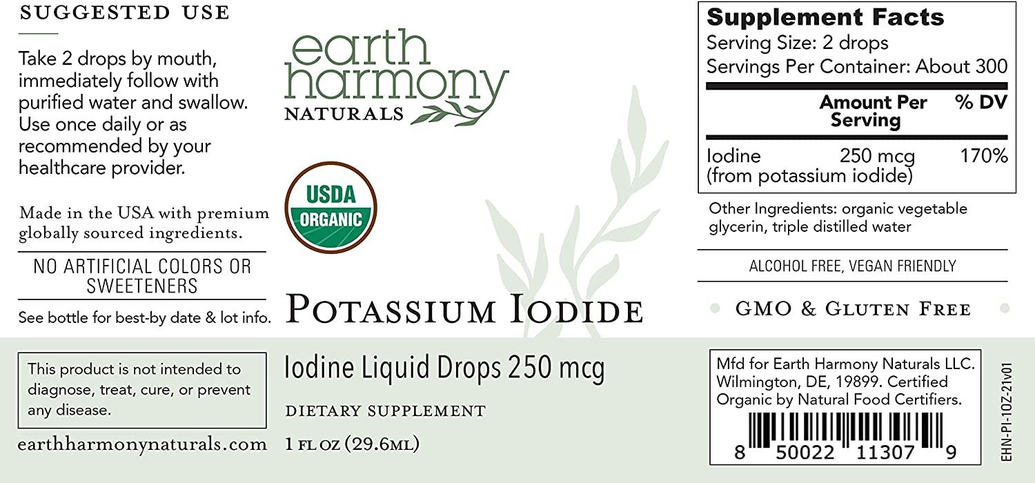 USDA Organic Potassium Iodide 250mcg Liquid Supplement (6 Months ...