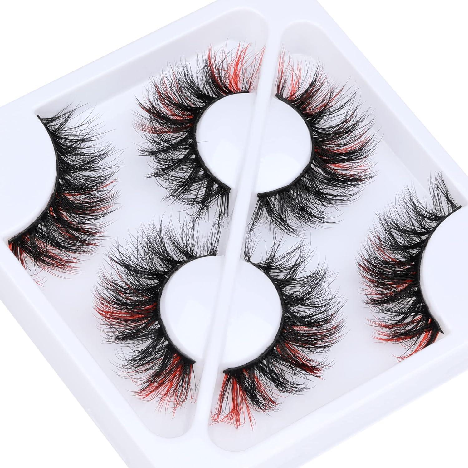 3 Pairs of Deep Red Cat Eye False Eyelashes - Mink Dramatic Fluffy ...