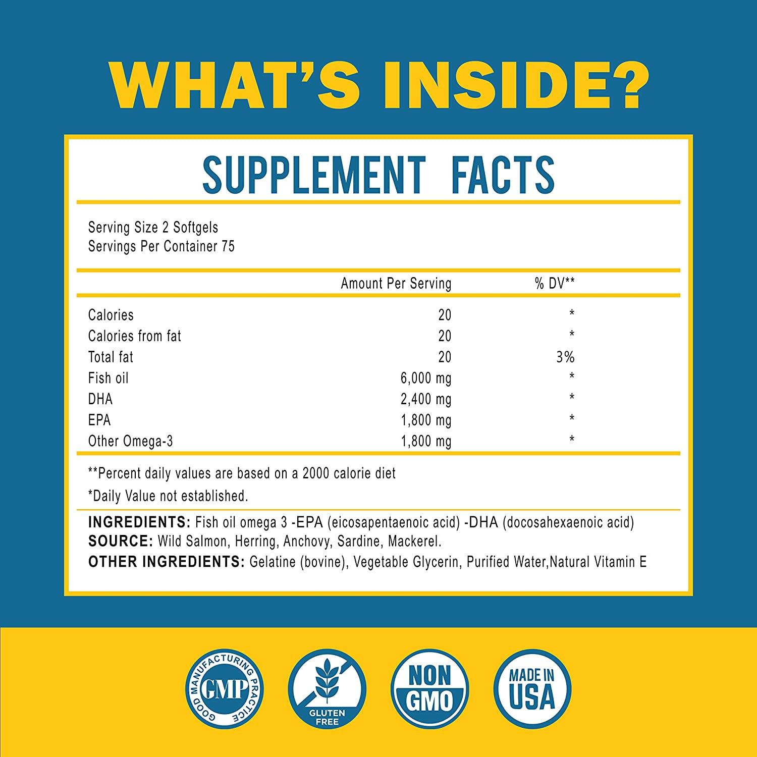 Omega 3 Fish Oil 6000mg with Maximum EPA DHA - Supports Brain, Liver ...