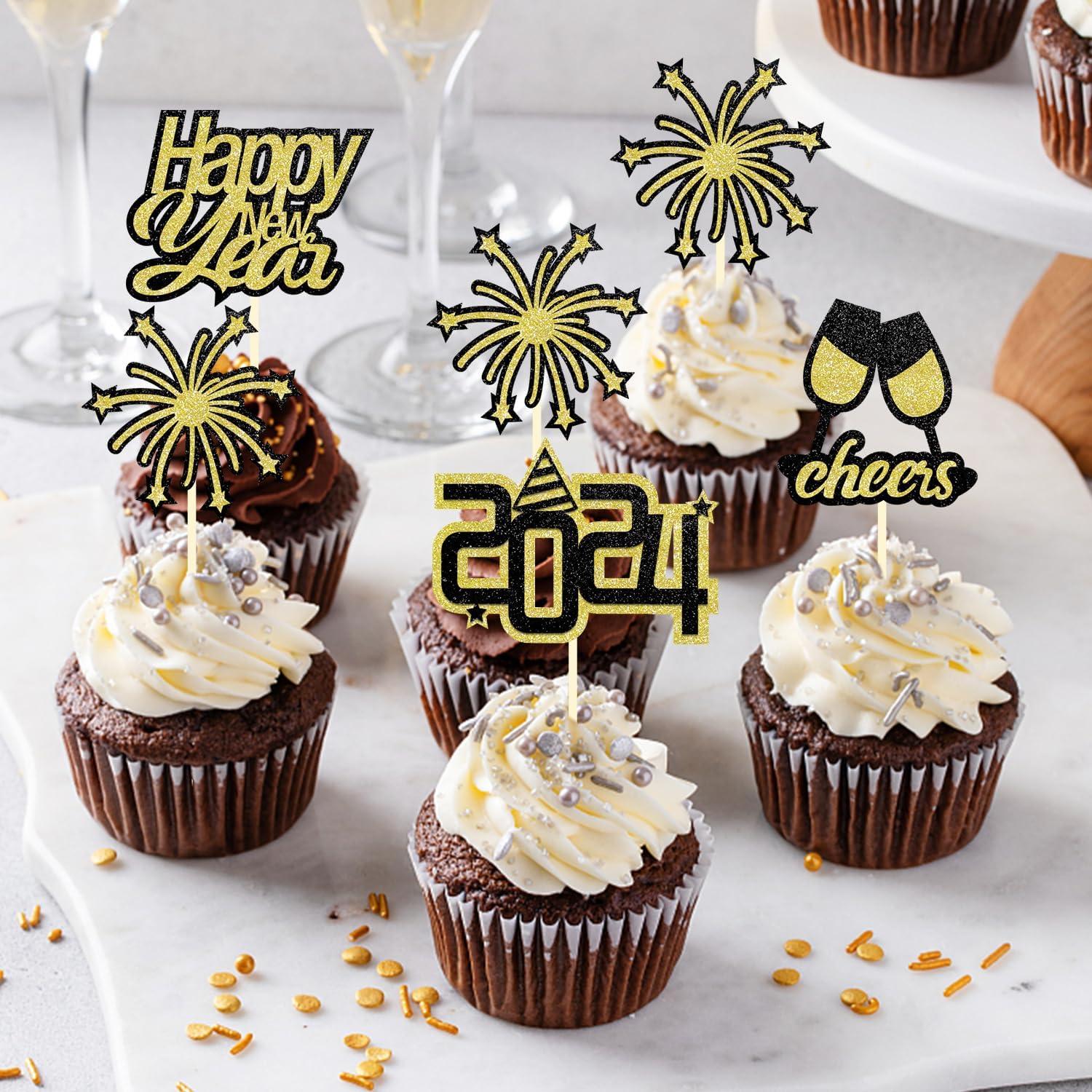 24PCS Glitter Happy New Year Cupcake Toppers 2024 New Year Eve Cake ...