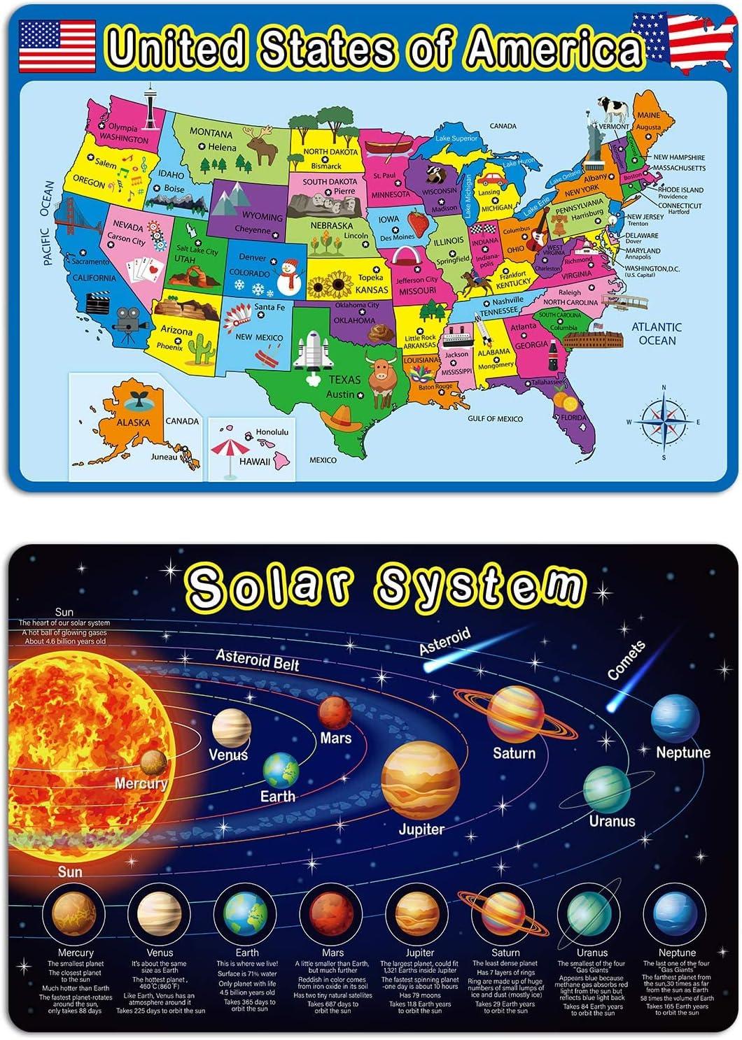 4-Piece Educational Toddler Placemats: Map, Human Body, Solar System ...