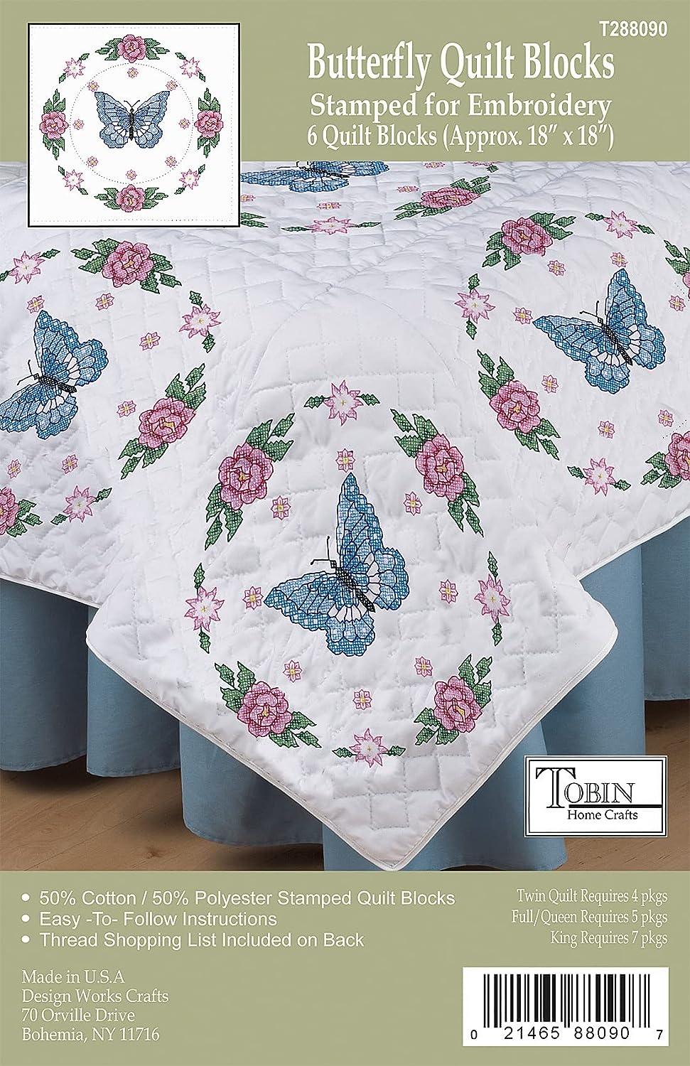 Tobin Butterfly/Rose Stamped Quilt Blocks - White | Embroidery Ready ...