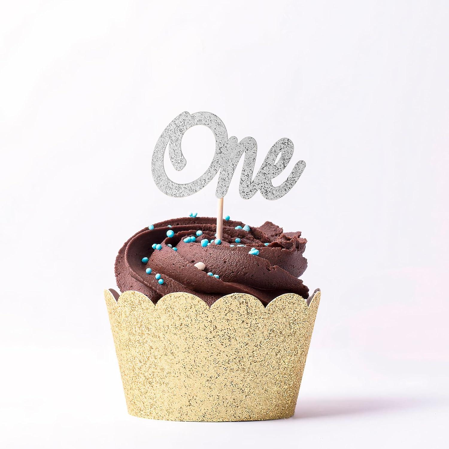 XOXOKristin 24 PCS Silver Glitter One Cupcake Topper for Baby First ...