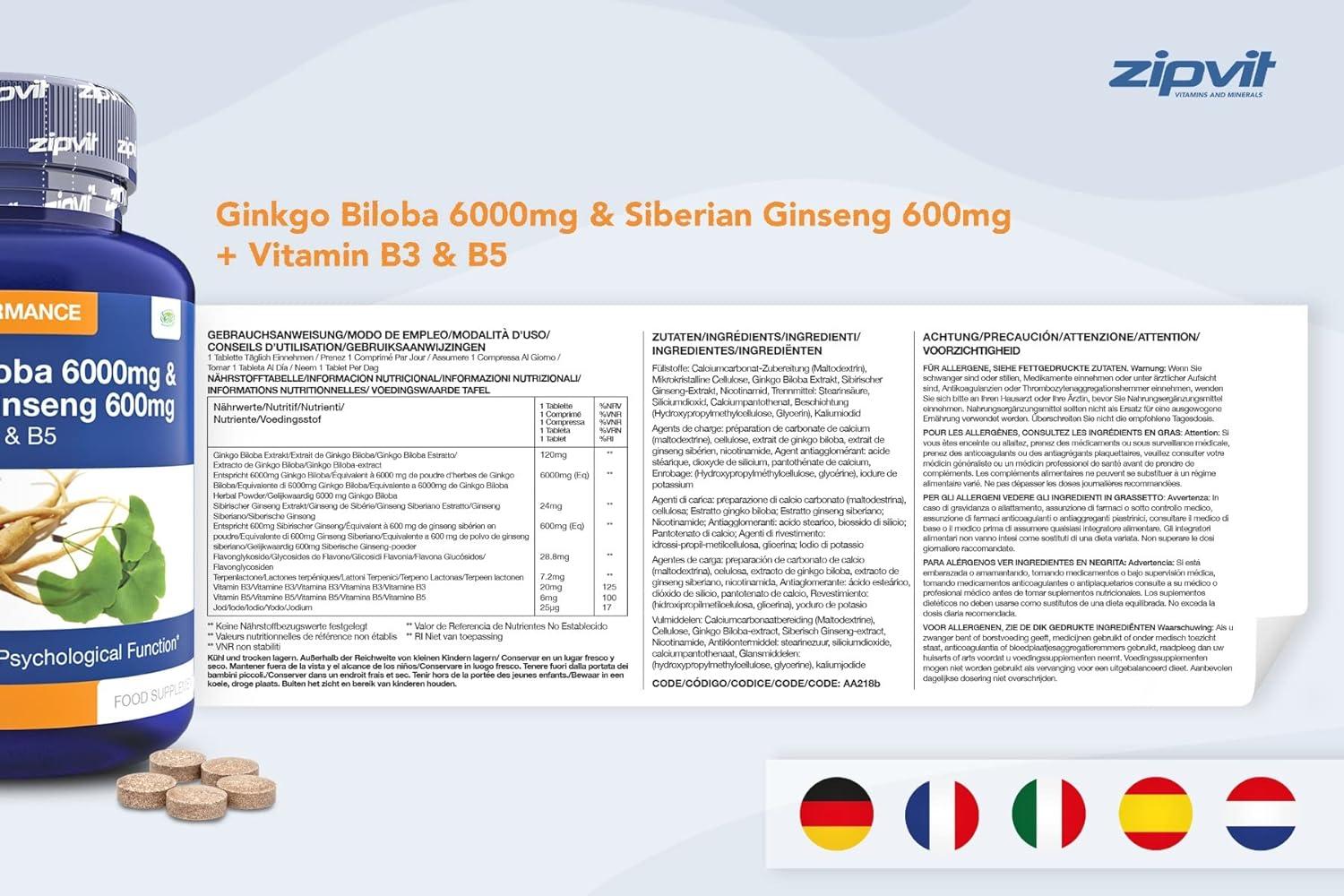 Zipvit Ginkgo Biloba & Siberian Ginseng 6000mg + 600mg with Vitamins B3 ...