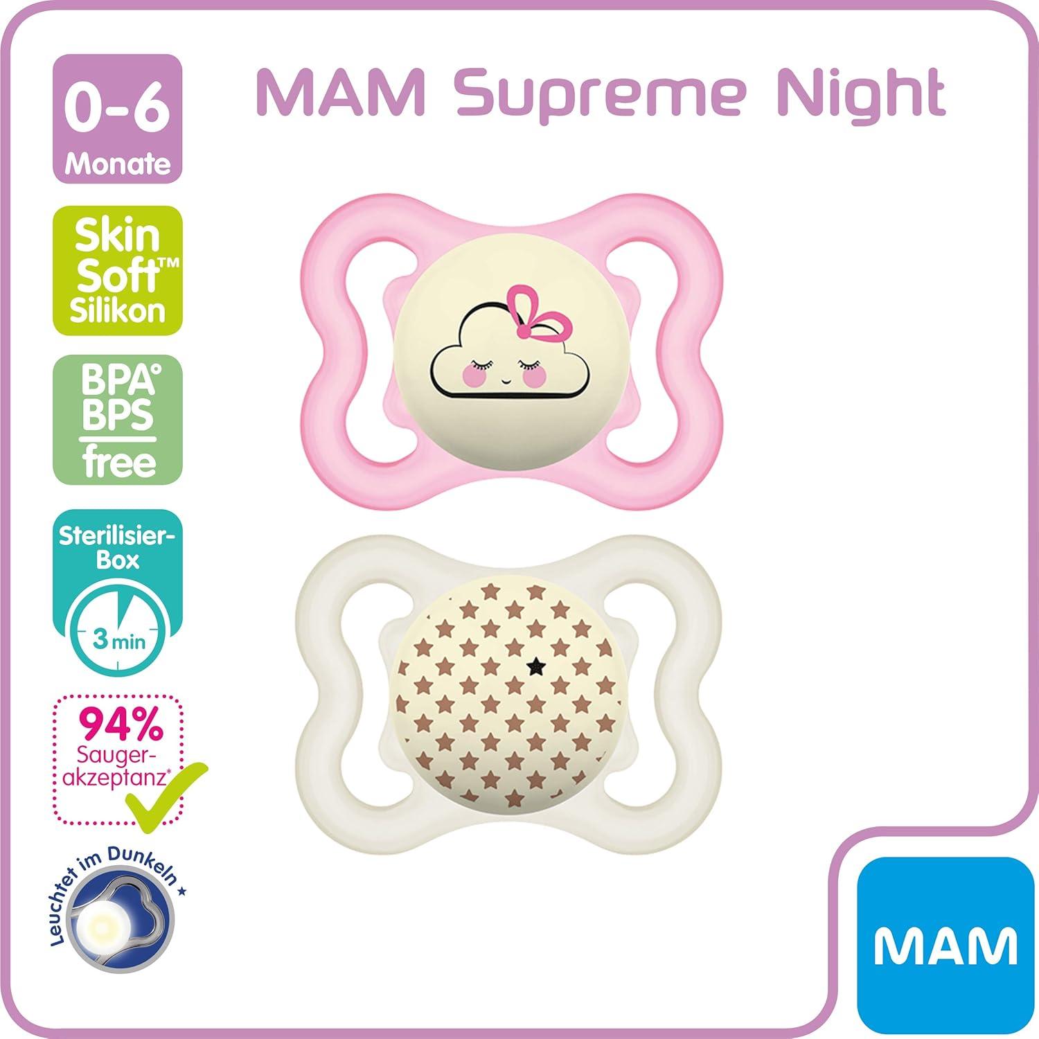 MAM SUPREME Night Pacifier Set - 2 Bright Baby Pacifiers for Healthy ...
