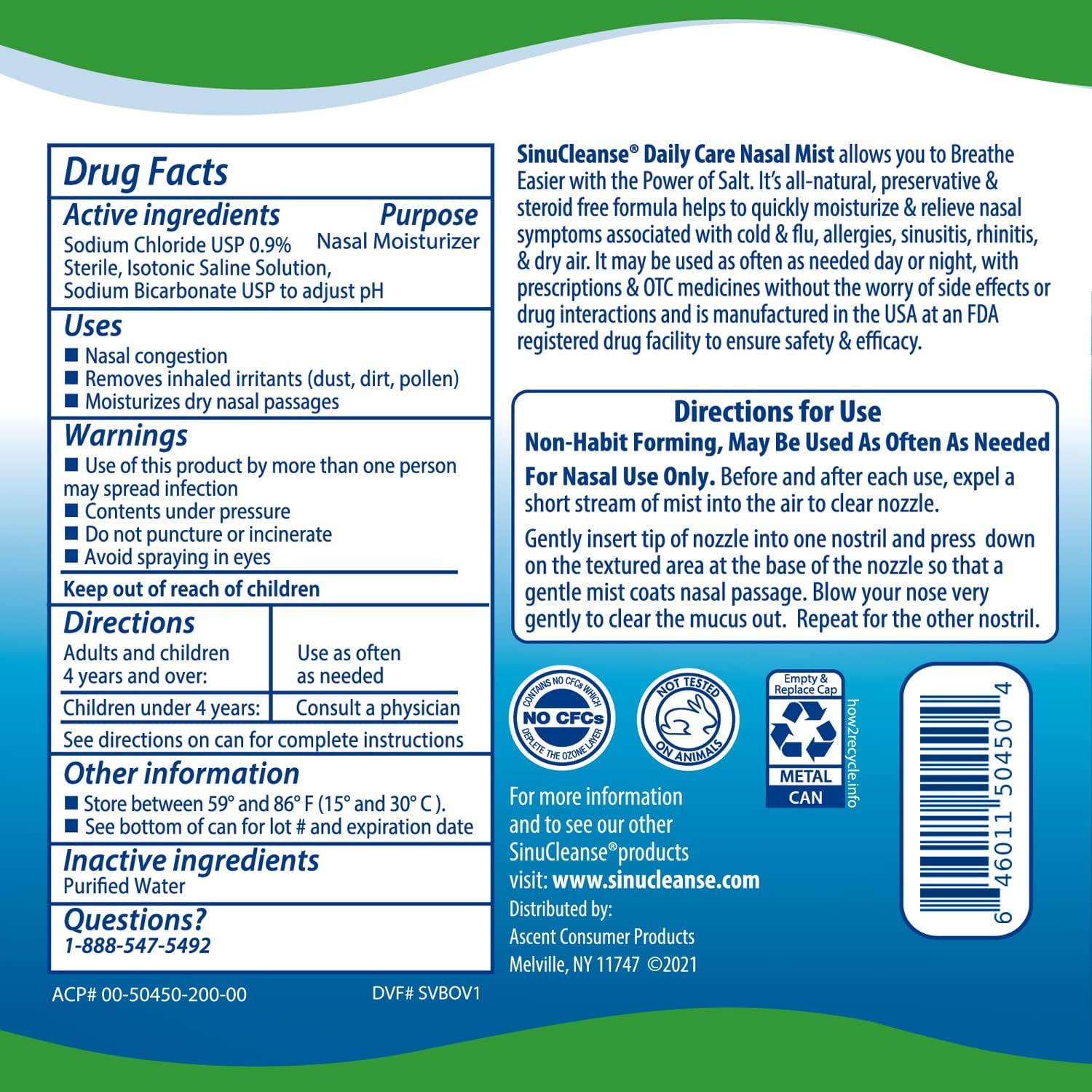 SinuCleanse Daily Care Saline Nasal Mist 4.5oz (Pack of 2) - Instant ...