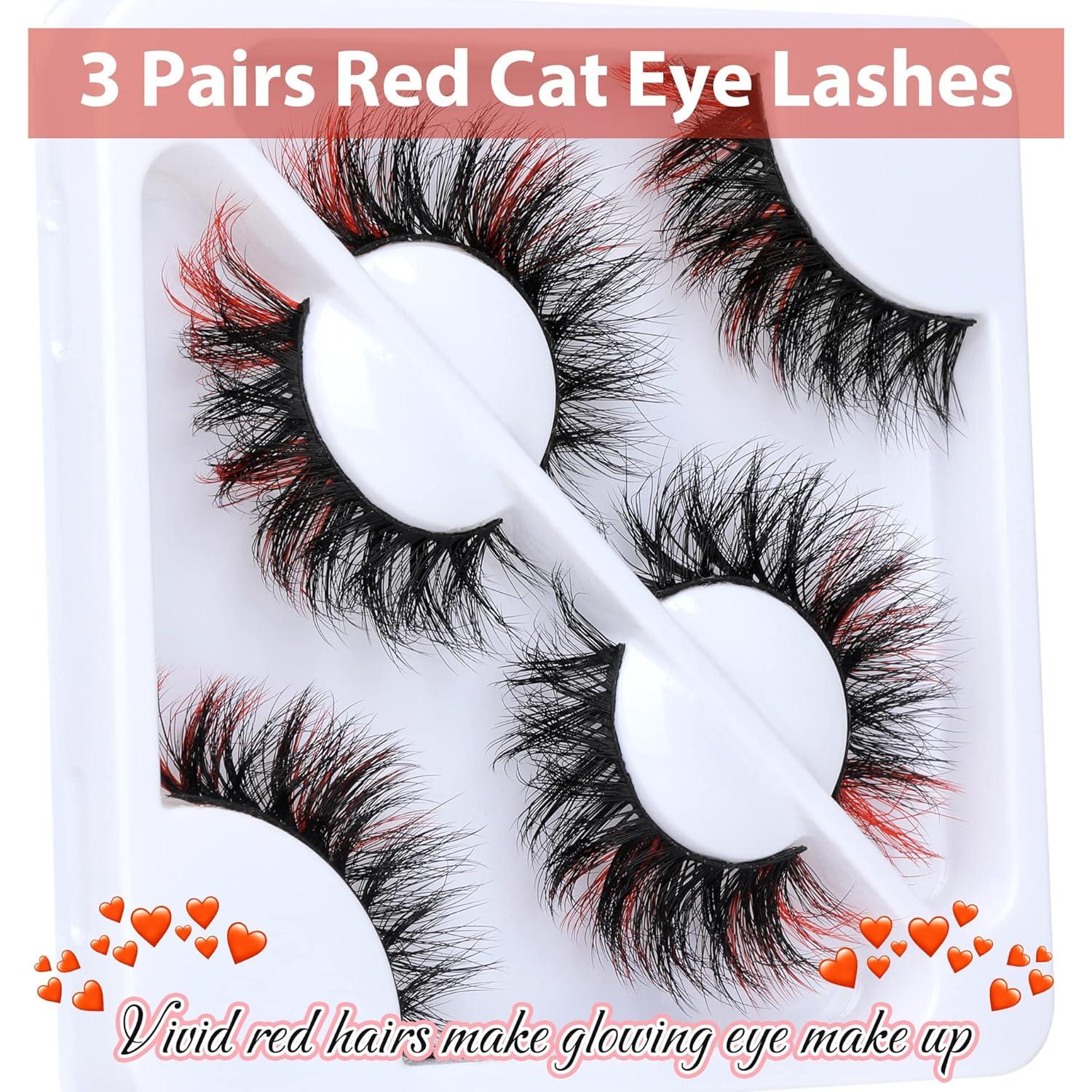 3 Pairs of Deep Red Cat Eye False Eyelashes - Mink Dramatic Fluffy ...