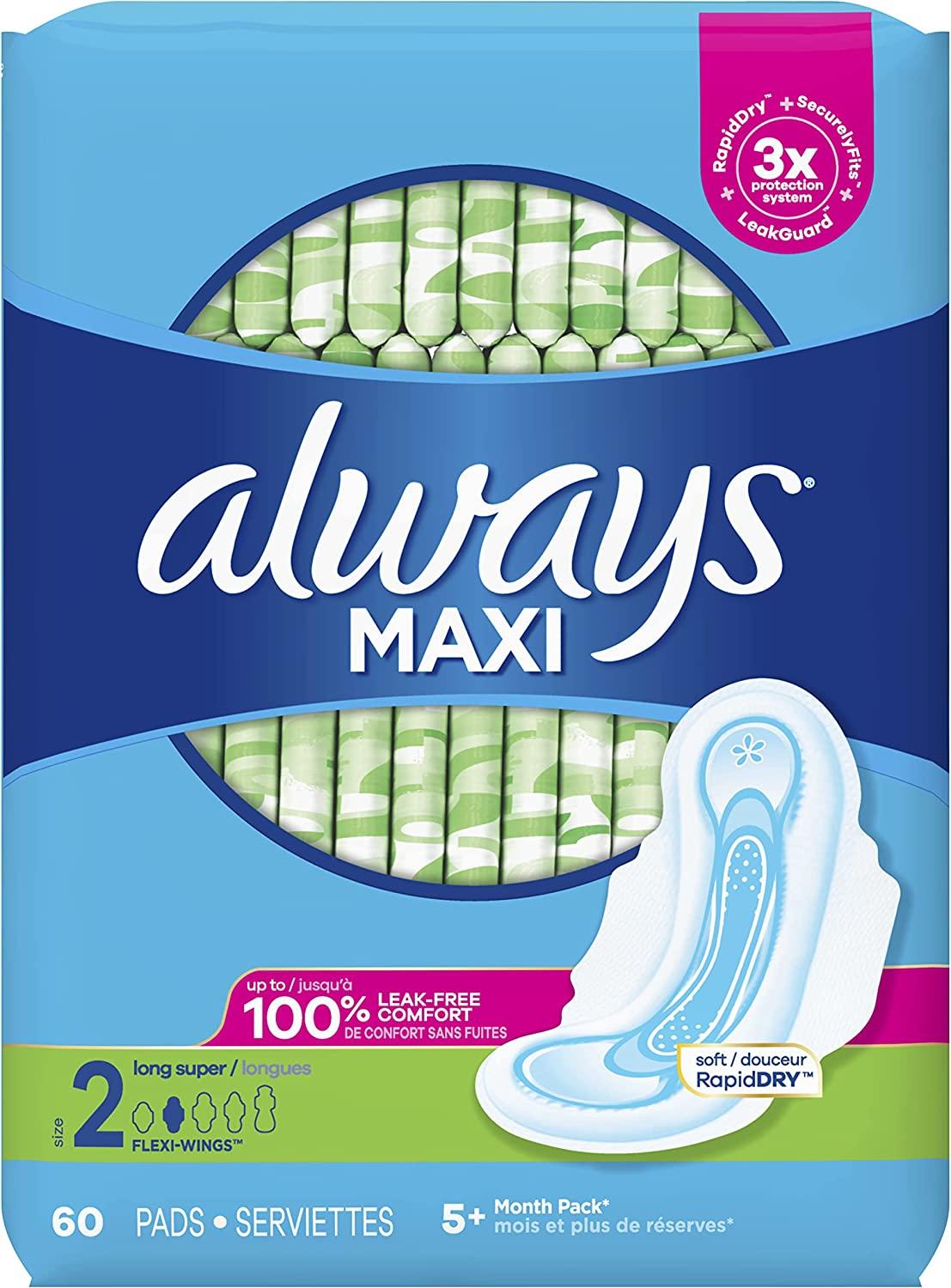 Always Maxi Size 2 Long Super Absorbency Pads with Wings - 60 Count ...