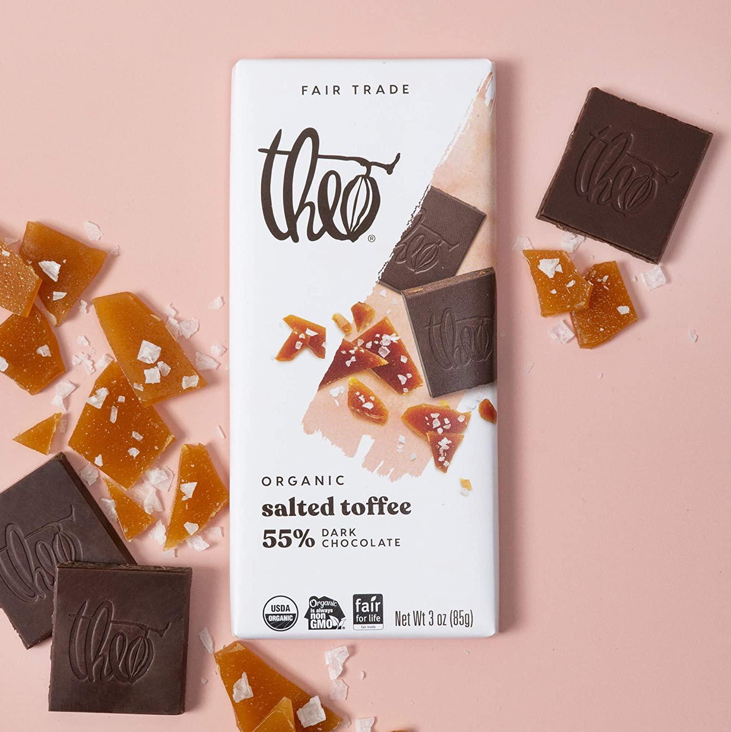 Theo Chocolate Salted Toffee Organic Dark Chocolate Bar, 55% Cacao, 12 ...