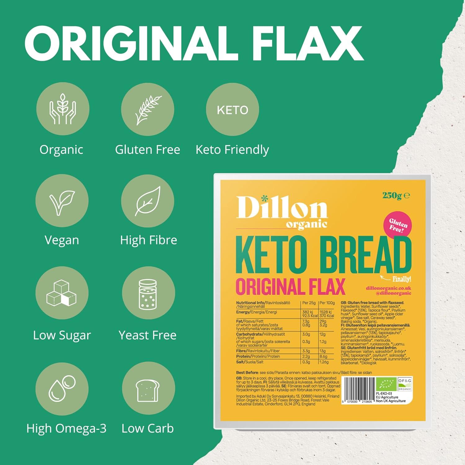 Dillon Organic Flax Keto Bread 6 x 250g - Low Carb, Gluten-Free, High ...